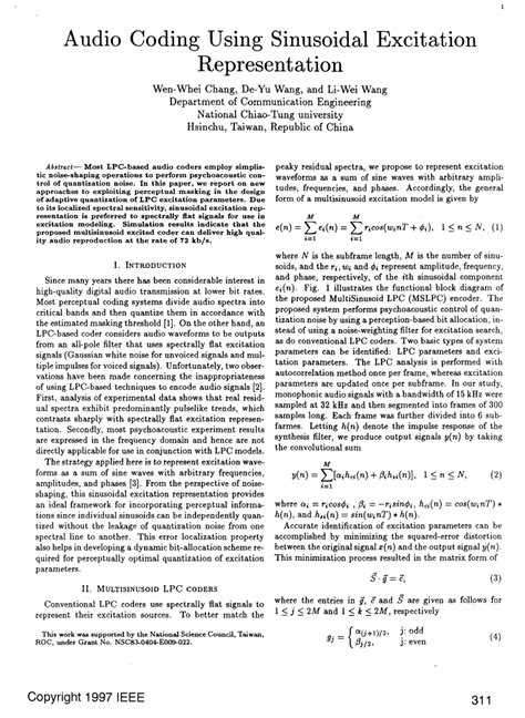 Pdf Audio Coding Using Sinusoidal Excitation Representation