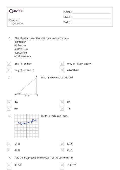50 vectors worksheets for 11th class on quizizz free and printable