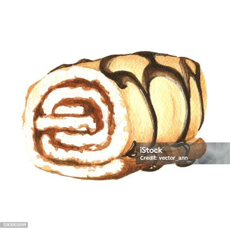 손으로 그린 수채화 페이스트리 일러스트레이션 잼과 초콜릿 토핑으로 롤링 흰색 배경에 고립 0명에 대한 스톡 벡터 아트 및 기타 이미지 Istock