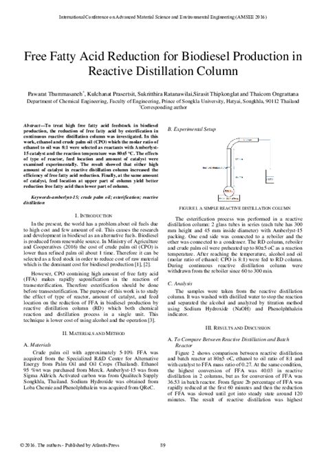 Pdf Free Fatty Acid Reduction For Biodiesel Production In Reactive