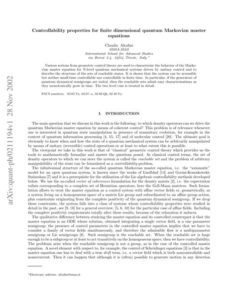 Pdf Controllability Properties Of Finite Dimensional Quantum