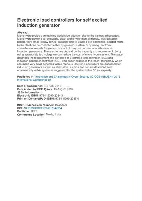 Doc Electronic Load Controllers For Self Excited Induction Generator Sunil Singh