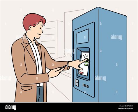 Young Man Buy Ticket In Machine At Railway Station Smiling Male Press