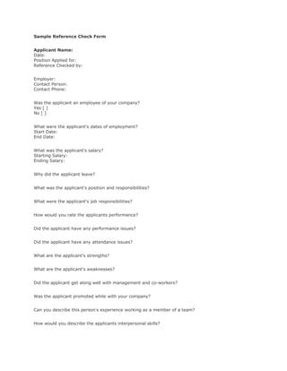 Sample Reference Check Form PDF
