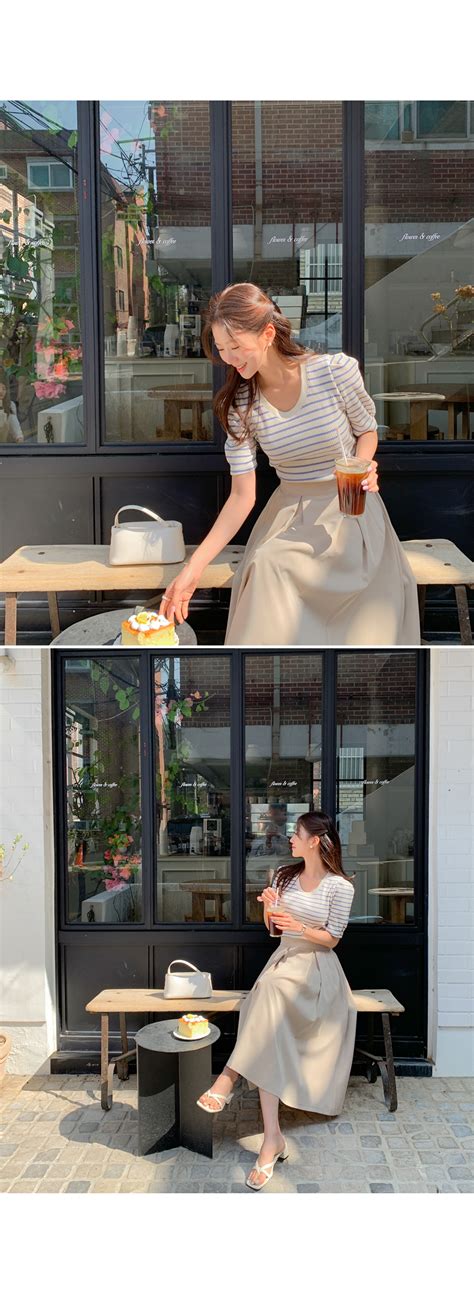 메이뜰 [d 자체제작] 찰랑핀턱 뒷밴딩플레어스커트