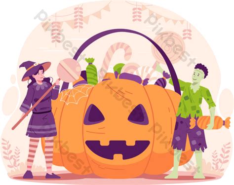 사탕 과자 개념 벡터로 가득 찬 거대한 호박 바구니를 가지고 할로윈 의상을 입은 소년과 소녀를 속이거나 대접하십시오 일러스트 Png Eps 무료 다운로드 Pikbest