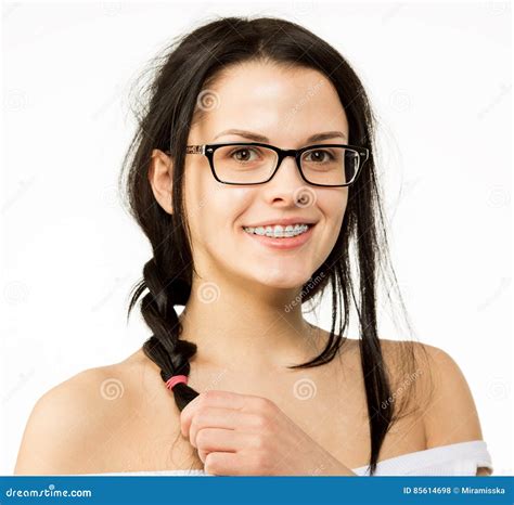 Nerd Girl In Glasses And Brackets On Teeth Positive Excellent Student
