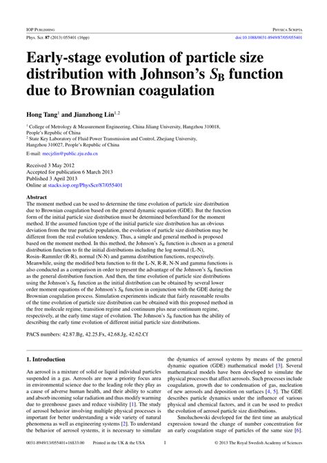 Early Stage Evolution Of Particle Size Distribution With Johnsons Sb Function Due To Brownian
