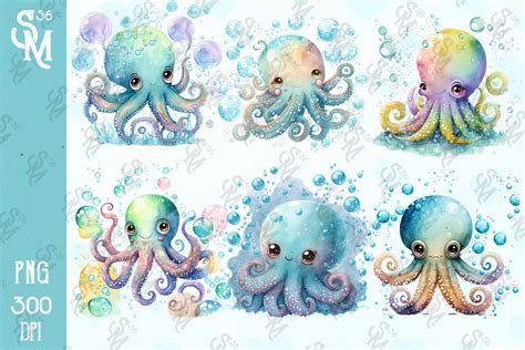 Cute Octopus Watercolor Clipart Bundle Graphic By Stevenmunoz56