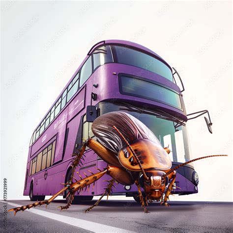 Logo Of A Purple Double Deck Bus With A Realistic Big Brown Cockroach