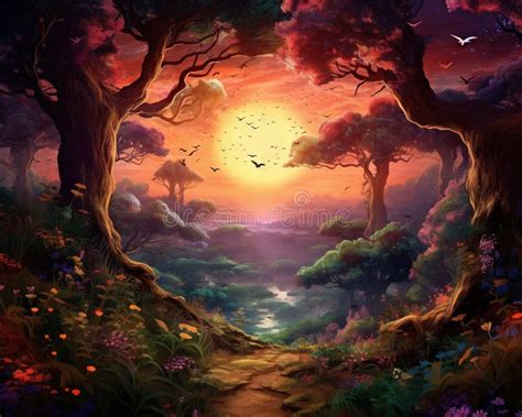 Fantasy Forest Landscape At A Beautiful Sunset Stock Illustration