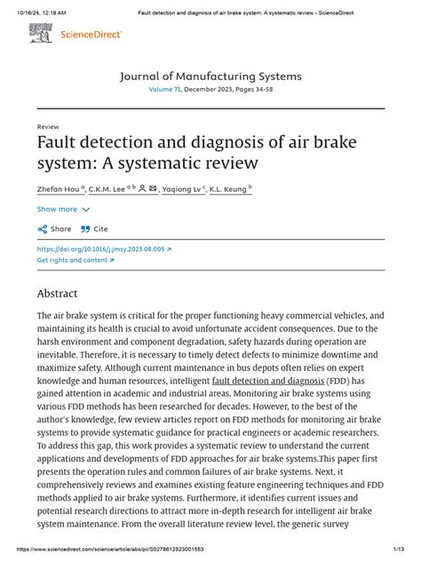 Fault Detection And Diagnosis Of Air Brake System A Systematic Review Sciencedirect Pdf