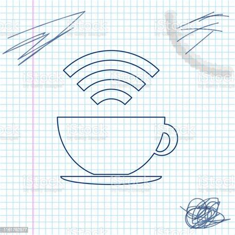 흰색 배경에 고립 된 무료 와이파이 영역 라인 스케치 아이콘커피 숍 의 컵 인터넷 연결 플래카드 벡터 일러스트레이션 개념에 대한