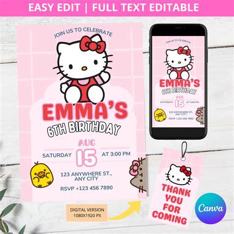 Hello Kitty 1st Birthday Invitation Pink Hello Kitty Cute Birthday