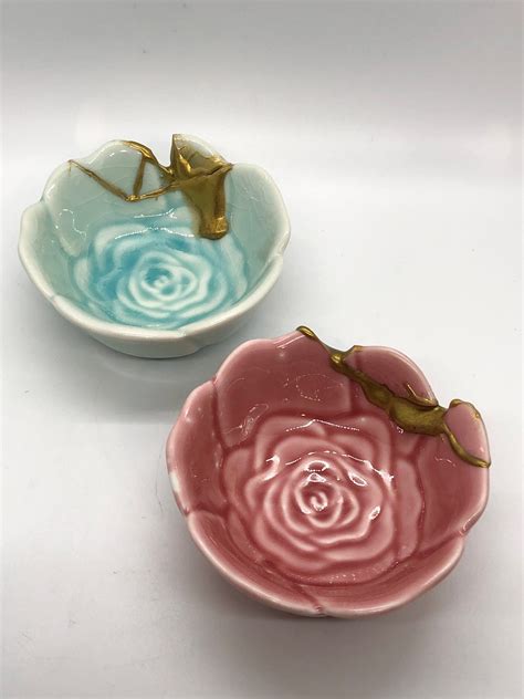 Kintsugi Kintsukuroi Pink Rose Ceramic Trinket Ring Dish Etsy