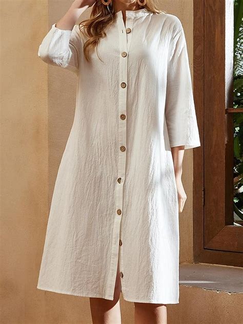 Womens Midi Dress Linen Feel Dresses Shift Dress Shirt Dress Casual