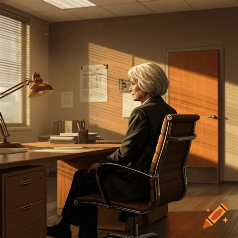 Old Woman With Blonde Pixie Haircut At Office Table On Craiyon