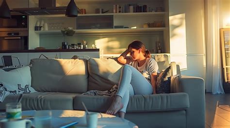 Premium Photo Exhausted Young Mum Sit On Couch In Kitchen Feel Unwell