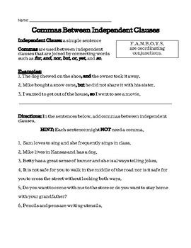 Commas Between Independent Clauses By Sam Ganno TPT