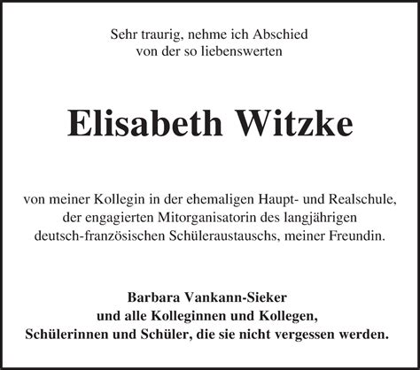 Traueranzeigen Von Elisabeth Witzke Trauer And Gedenken