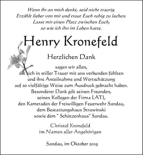 Traueranzeigen Von Henry Kronefeld Abschied Nehmende