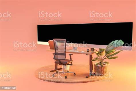 거대한 와이드스크린 모니터 디스플레이가 있는 나무 연단의 단일 컴퓨터 작업 공간 프리랜서 및 홈 오피스 개념 3d 일러스트레이션