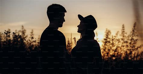 세련된 임신한 부부는 잔디 사이에 있는 가을 공원에서 햇살이 내리쬐는 실루엣을 가지고 있다 행복한 젊은 부모 엄마와 아빠