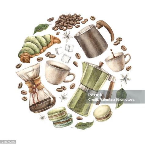 머그잔 간헐천 커피 메이커 커피 필터 설탕 마카롱 크루아상 곡물 우유 주전자 나뭇잎 고립 된 배경에 손으로 그린 수채화 둥근