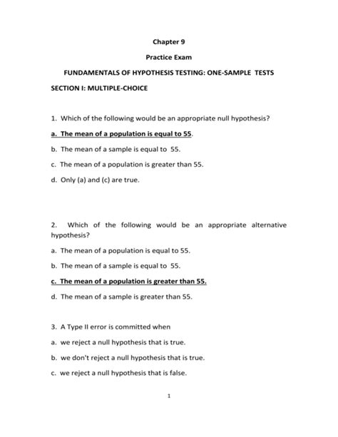 Chapter 9 Practice Exam Fundamentals Of Hypothesis