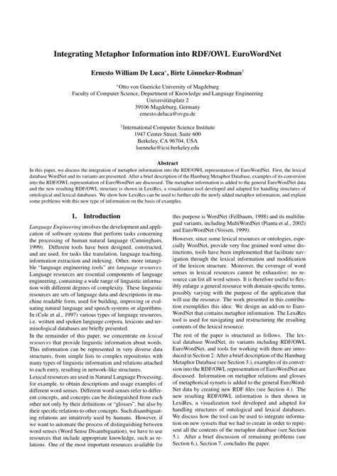 Pdf Integrating Metaphor Information Into Rdfowl Eurowordnet
