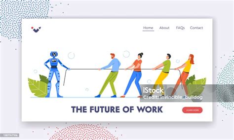 작업 방문 페이지 템플릿의 미래 인공 지능 로봇으로 밧줄을 찢어 캐릭터 노동자 줄다리기 전쟁 여가활동 게임에 대한 스톡 벡터