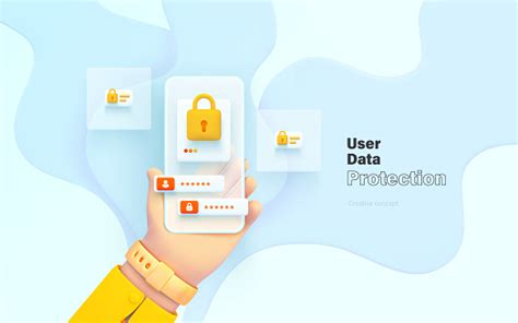 사용자 데이터 보호 손이 전화를 들고 있습니다 데이터 분석 및 회계를 위한 모바일 애플리케이션 파일 관리 전자 문서 관리 벡터 일러스트 3d 스타일 3차원 형태에 대한 스톡