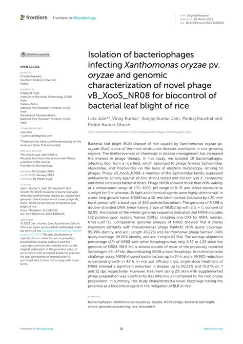 Pdf Isolation Of Bacteriophages Infecting Xanthomonas Oryzae Pv Oryzae And Genomic