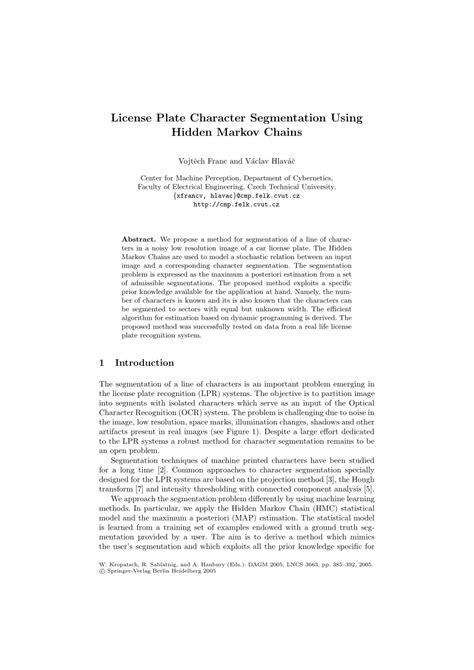 pdf license plate character segmentation using hidden markov chains