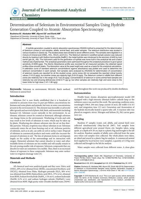 Pdf Determination Of Selenium In Environmental Samples Using Hydride