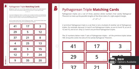 Pythagorean Triples Matching Cards Teacher Made Worksheets Library
