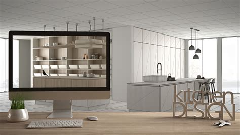 건축가 디자이너 프로젝트 개념 집 키와 나무 테이블 3d 문자 단어 부엌 디자인 및 초안을 보여주는 바탕 화면 청사진 Cad 스케치 배경 흰색 인테리어 디자인 가정 주방에