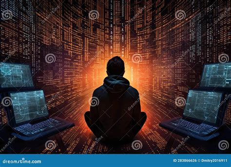 back view of a hacker in the process of hacking the network stock illustration illustration
