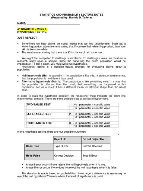 Quarter4 Statistics Lecture Notes Pdf Type I And Type Ii Errors