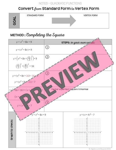 Quadratic Functions Convert Standard To Vertex Lesson Warm Up Gui