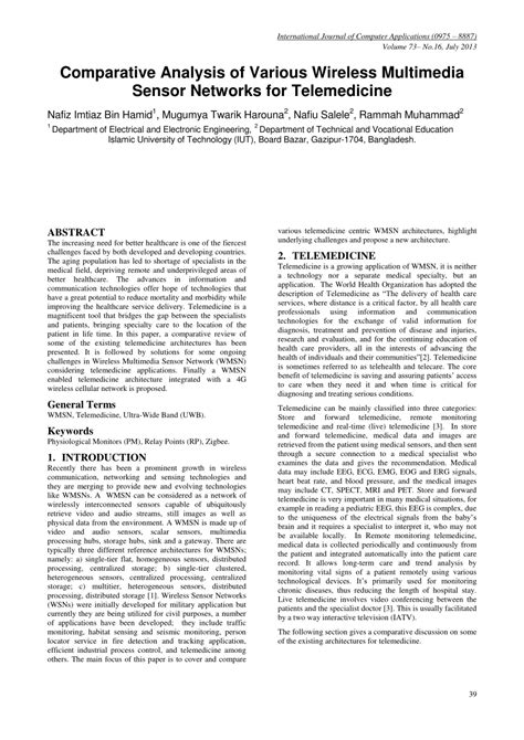 Pdf Comparative Analysis Of Various Wireless Multimedia Sensor Networks For Telemedicine