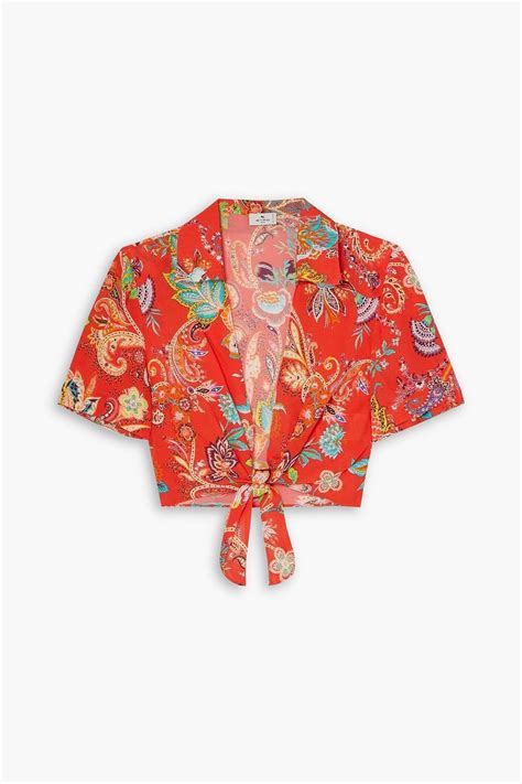 Etro 메이 크롭 타이 프론트 프린팅 크레이프 탑 페칭