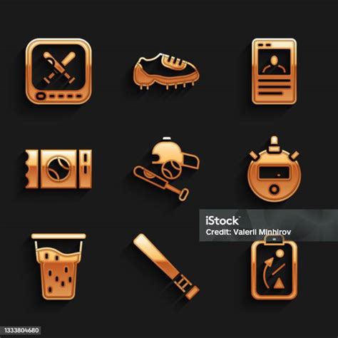 야구 방망이를 공 모자 기획 전략 스톱워치 맥주 한 잔 티켓 카드 및 모니터 야구 게임 아이콘으로 설정합니다 벡터 검은색에 대한 스톡 벡터 아트 및 기타 이미지 Istock