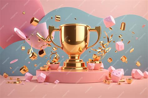 3d победители минимальные с золотым кубком Золотые победители звезды с объектами плавающими на