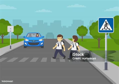 차가 횡단 보도에서 멈췄습니다 교통 표지판은 횡단 보도를 나타냅니다 횡단보도에서 길을 건너는 행복한 학교 아이들 교통에 대한 스톡 벡터 아트 및 기타 이미지 Istock