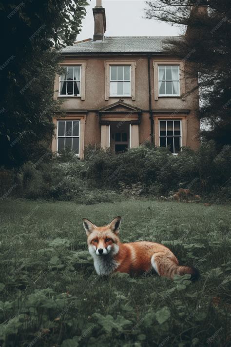 Premium Ai Image A Red Fox Lies In The Grass In Front Of A House