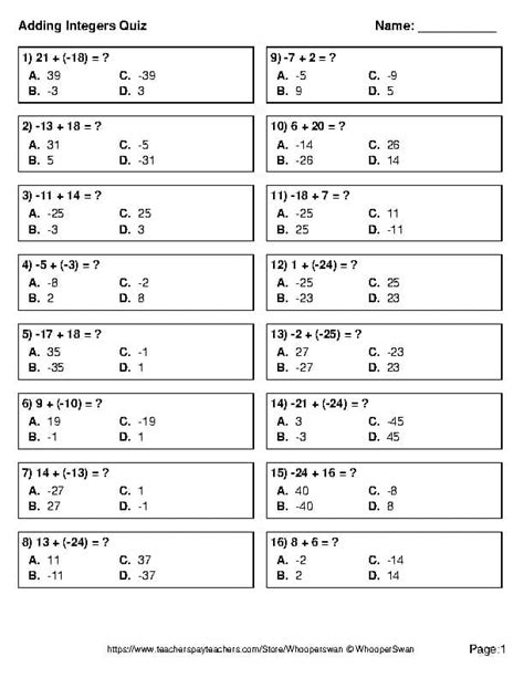 Adding Integers Quiz Test Assessment Worksheets By Whooperswan