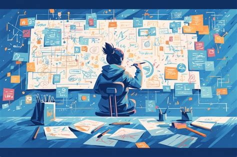 A Woman Sits In Front Of A Large Whiteboard Covered In Diagrams Charts