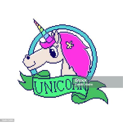 리본과 비문 유니콘 8 비트 스타일로 흰색 배경에 스티커 배지 카드 패치 전화 케이스 포스터 티셔츠 머그잔 등에 사용할 수 있습니다 0명에 대한 스톡 벡터 아트 및 기타