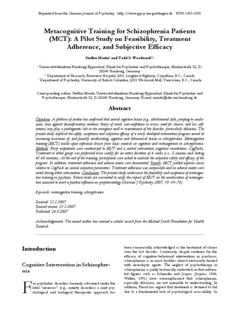 2007 Metacognitive Training For Schizophrenia Patients Mct A Pilot